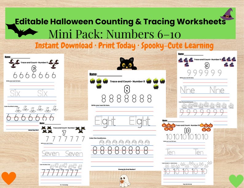 Editable and Printable Halloween Math Tracing Worksheets 6-10 ...