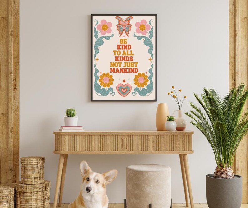 Be Kind to All Kinds Poster – Retro Animal Lover Wall Art, 70s Groovy ...