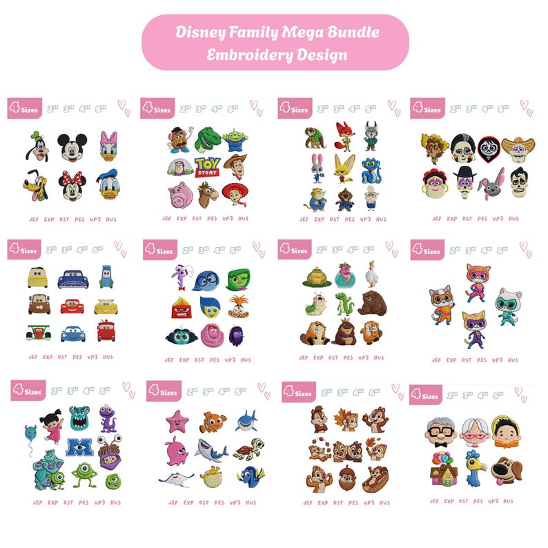 Mickey & Friends Family Embroidery Design Mega Bundle, Pixar Characters ...