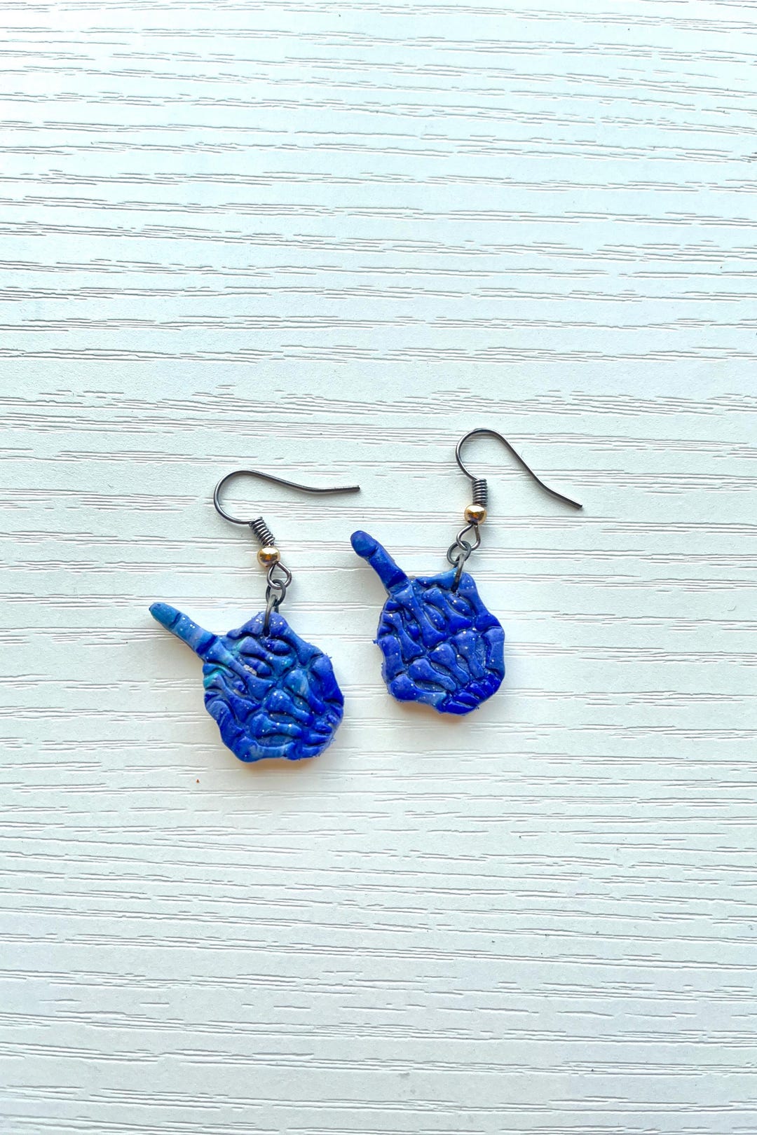 Blue Sparkle Skeleton Middle Finger Polymer Clay Earrings - Etsy