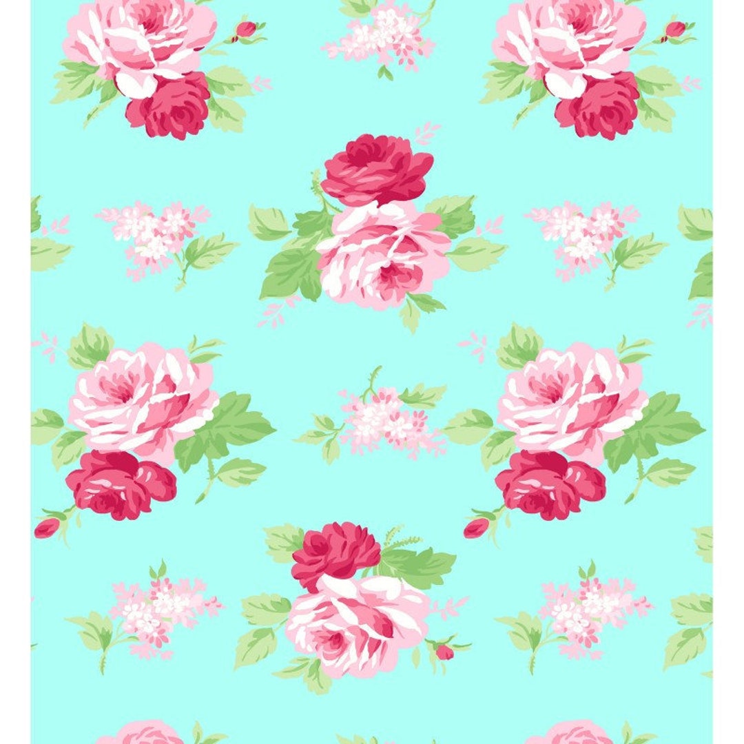 Tanya Whelan for Clothworks, JANEY Rose Toss in Light Aqua Turquoise ...