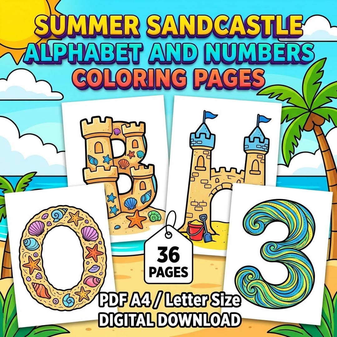 Summer Sandcastle Alphabet Numbers Coloring Pages | Beach Theme ...