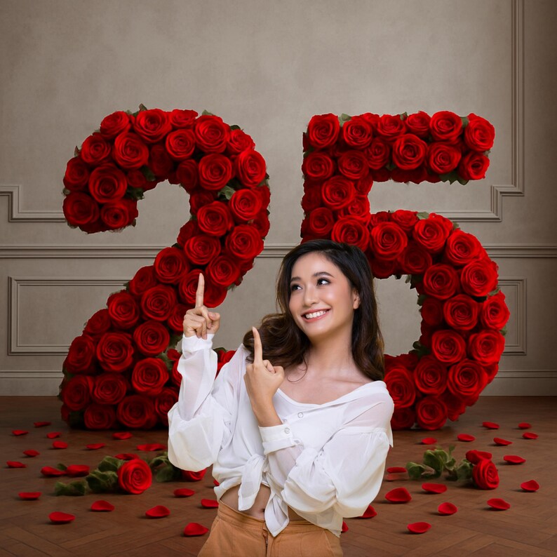 Red Rose Number 25 Floral Backdrop for Birthday or Anniversary, Elegant ...