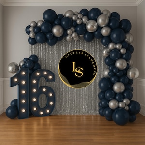 Navy Sweet 16 Birthday Backdrop – Elegant Navy Balloon Arch With Light ...