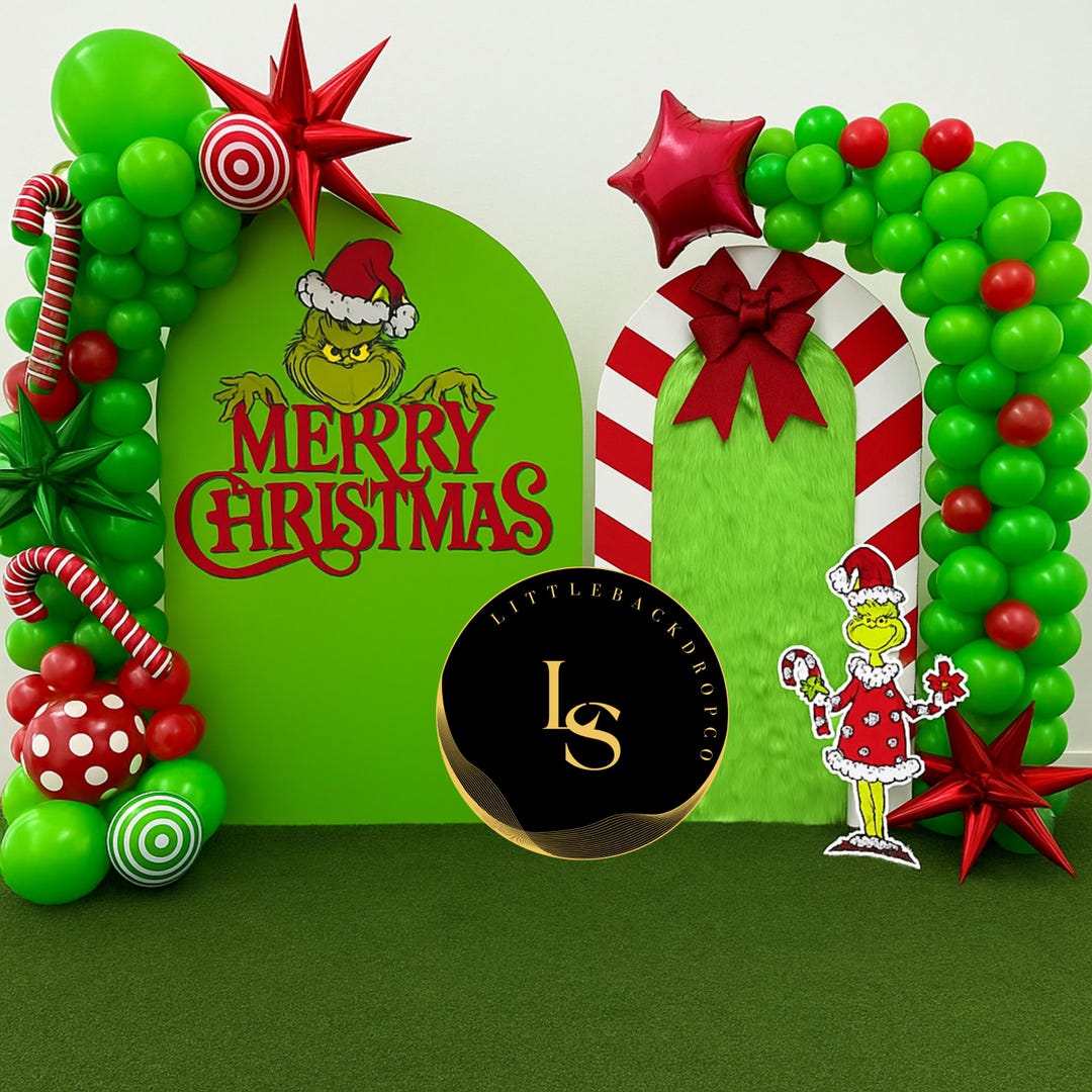 Grinch Christmas Backdrop With Candy Cane Balloon Arch, Whoville ...