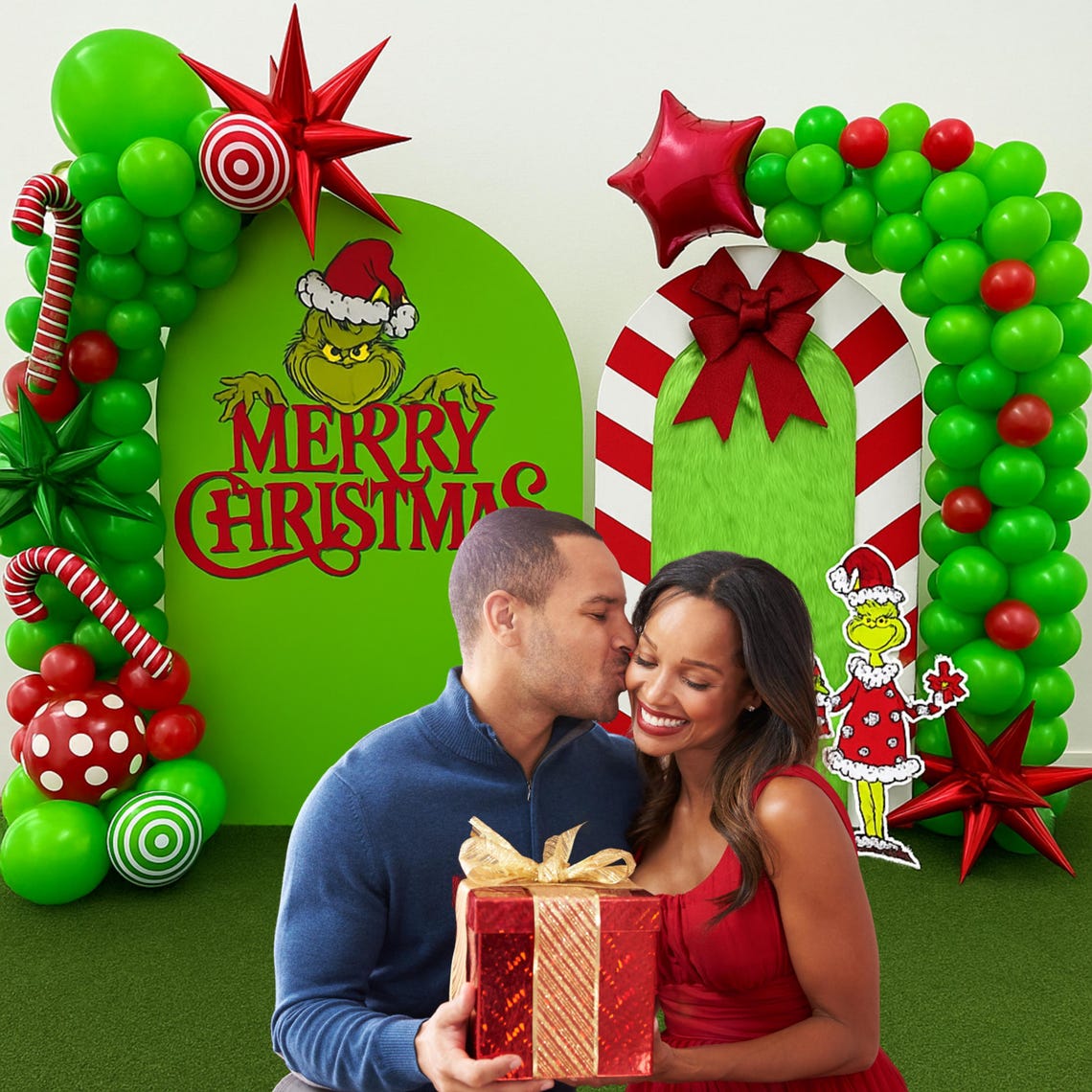 Grinch Christmas Backdrop With Candy Cane Balloon Arch, Whoville ...