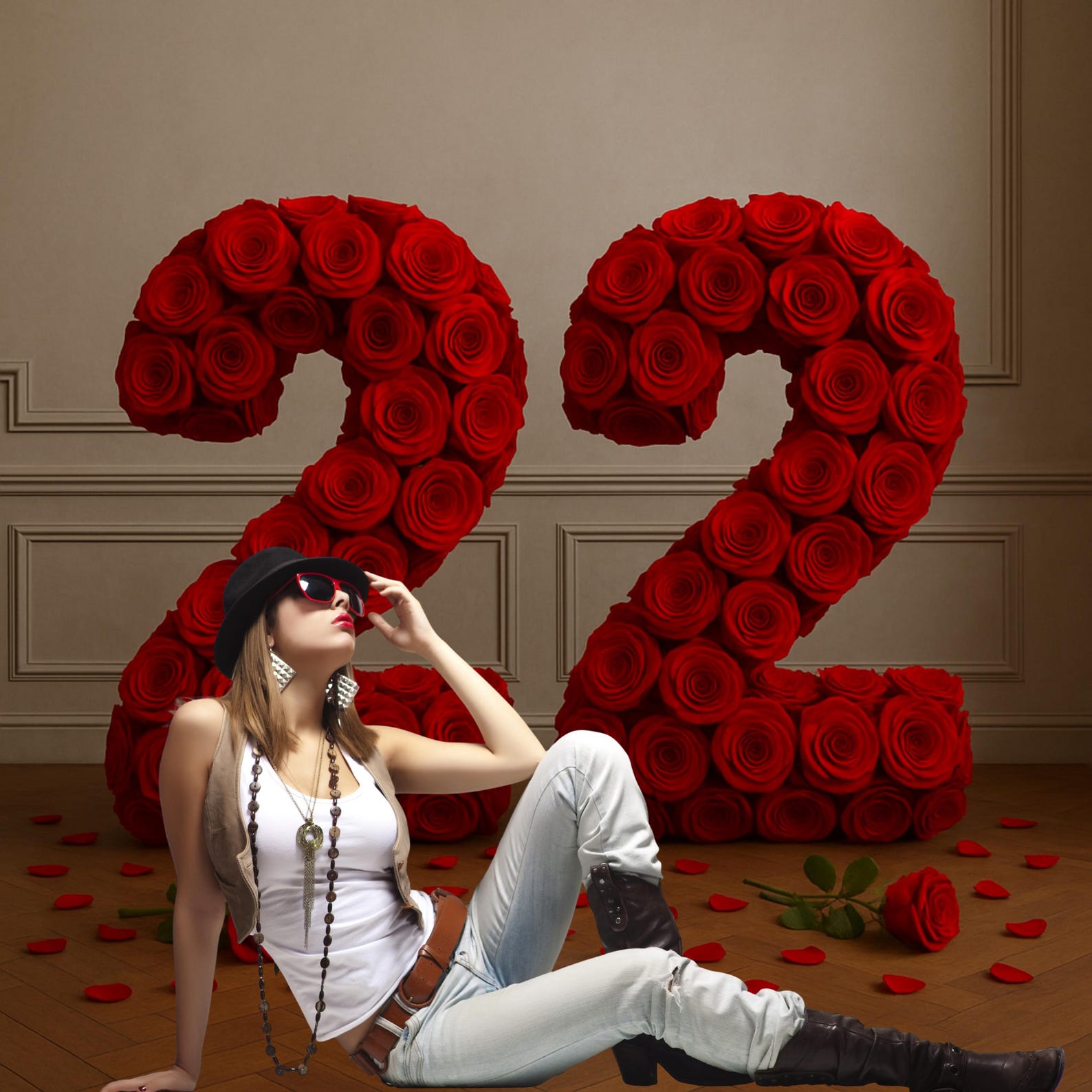 Red Rose Number 22 Floral Backdrop for Birthday or Anniversary, Elegant ...
