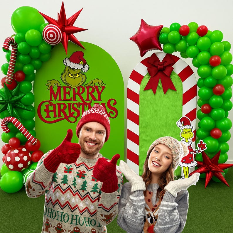 Grinch Christmas Backdrop With Candy Cane Balloon Arch, Whoville ...
