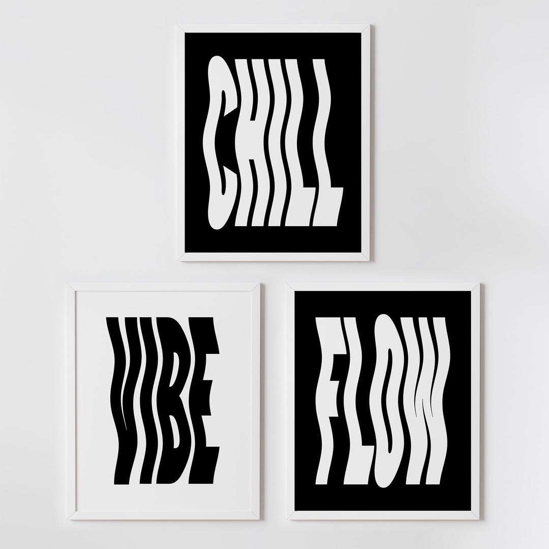 Wavy Typography Poster Set – Minimalist Black & White Prints (digital ...