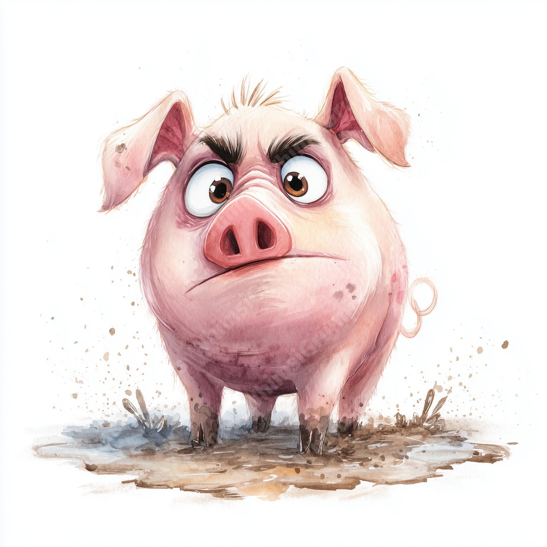 10 Watercolor Grumpy Pig Clipart Bundle – Quirky Silly Animal, Junk ...
