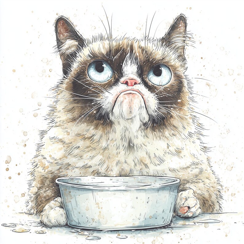 Watercolor Grumpy Cat Food Bowl Clipart, Silly, Quirky, Junk Journal ...