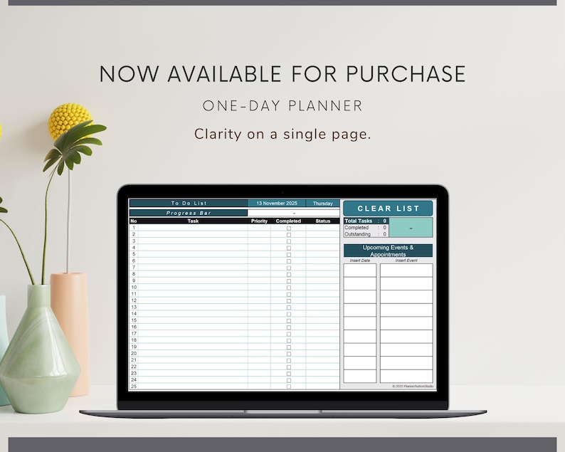 One-page Excel Planner With 25 Task Slots, Live Date & Progress ...