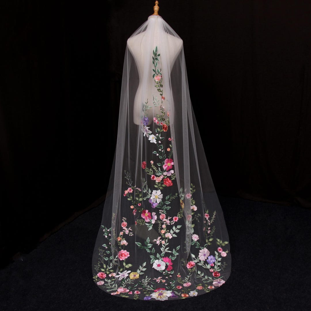 Colorful Floral Embroidered Bridal Veil, Long Boho Garden Veil Handmade ...