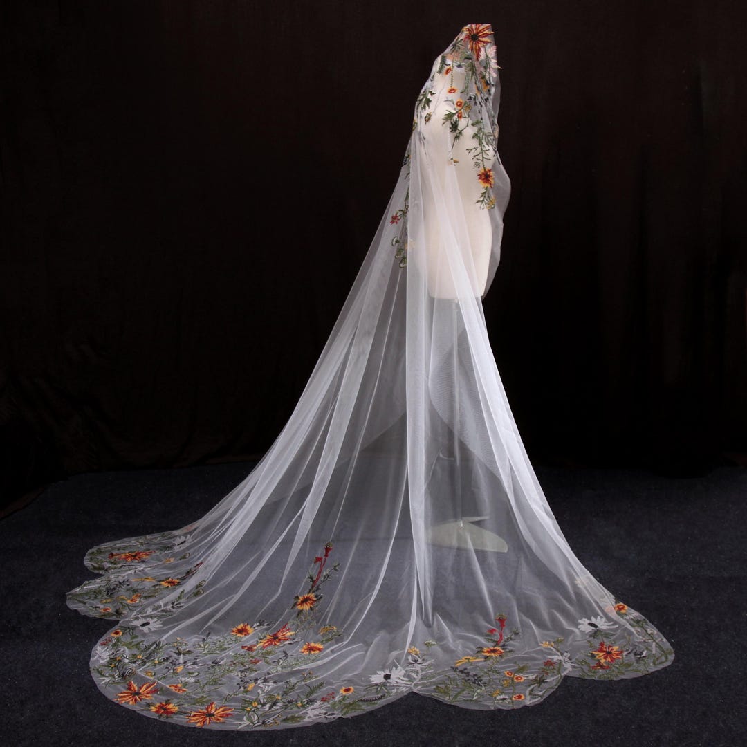 OZ31/ Autumn Wildflower Cathedral Veil, Sunflower Embroidered Bridal ...
