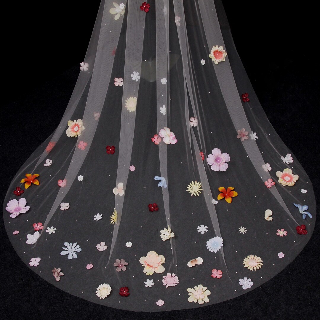 OZ24/ 3D Floral Cathedral Veil, Colorful Wildflower Wedding Veil, Blush ...