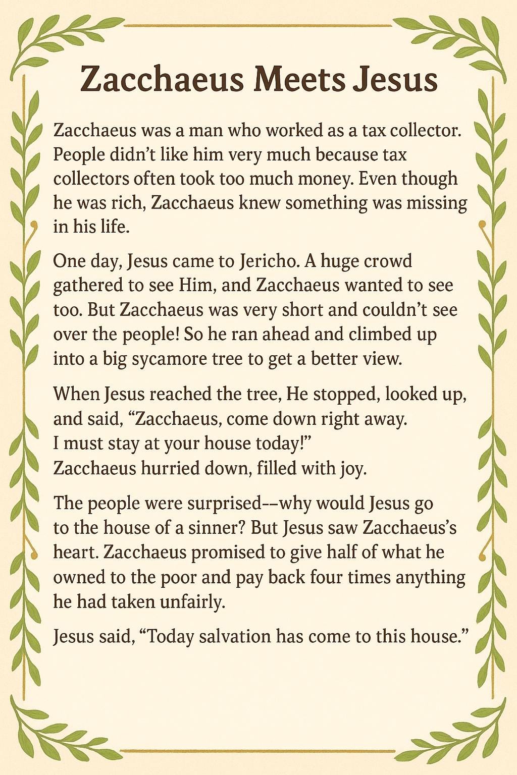 Zacchaeus Meets Jesus Kids Bible Lesson: Coloring Page & Story (PDF ...