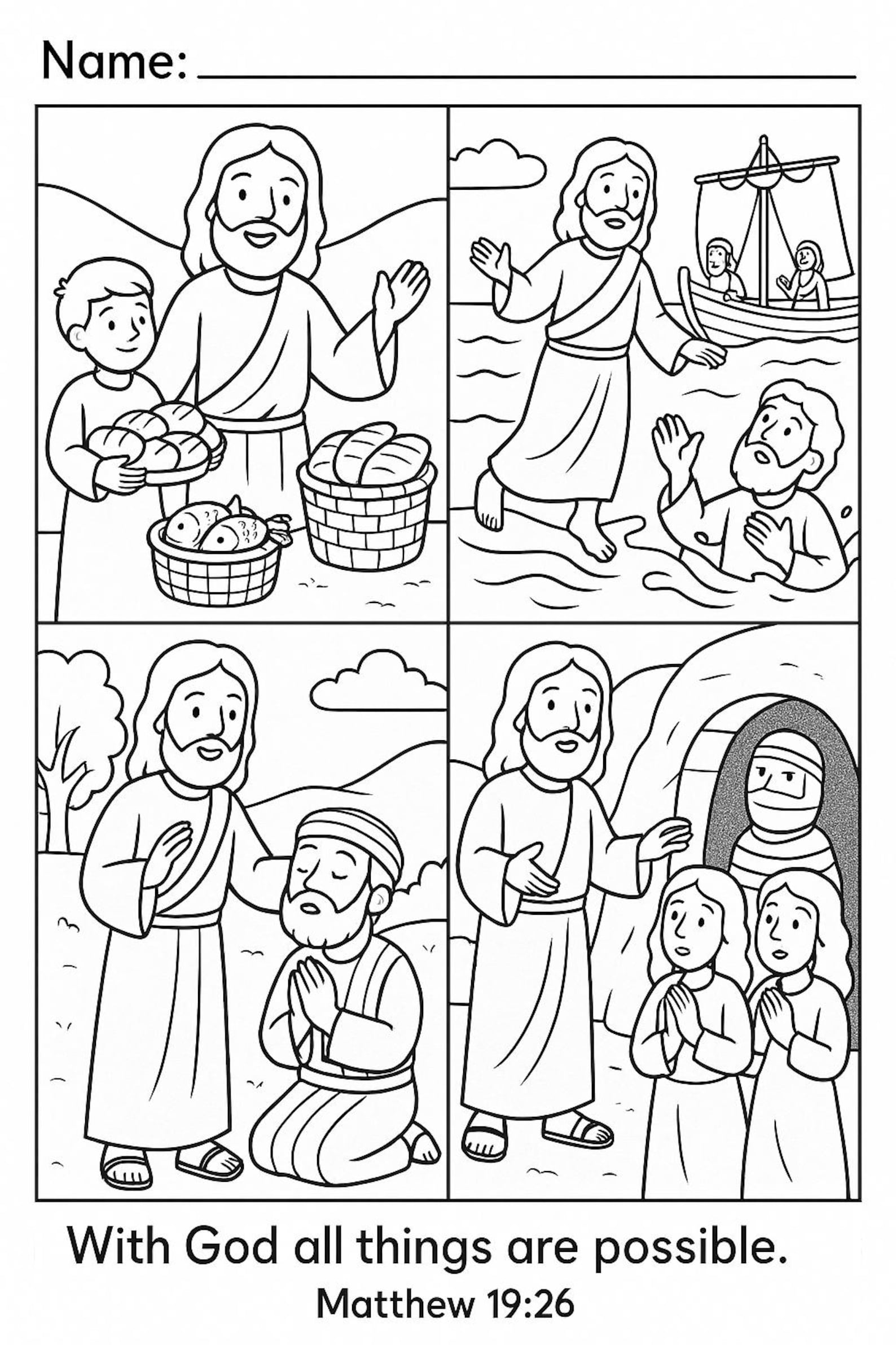 Jesus Miracles Coloring Page & Bible Lesson: Sunday School Activity ...