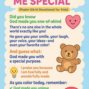 God Made Me Special" Kids Christian Coloring Page + 12 Affirmation ...