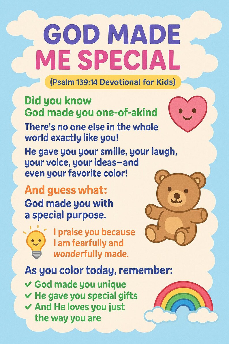God Made Me Special" Kids Christian Coloring Page + 12 Affirmation ...