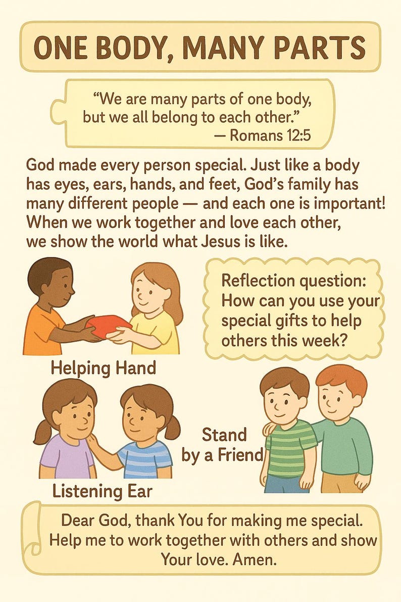 One Body Many Parts Devotional and Coloring Page | Romans 12:5 Kids ...