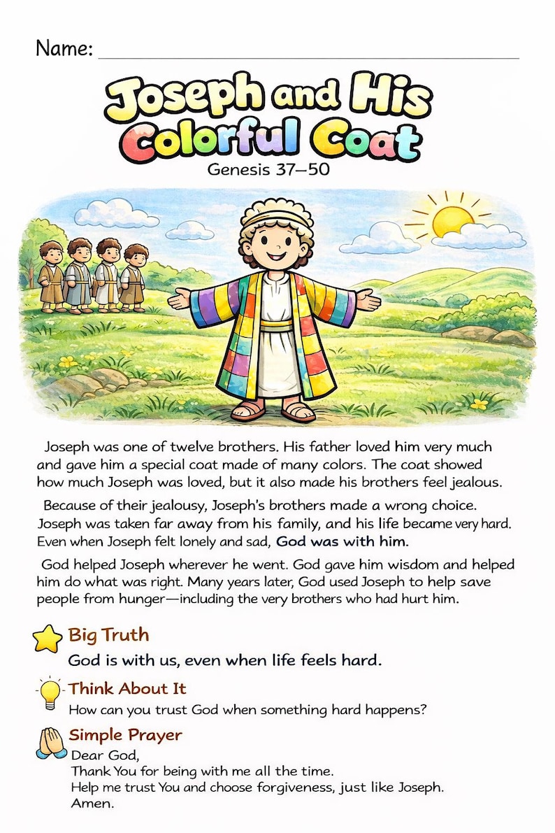 Joseph and His Colorful Coat Coloring Page & Bible Story for Kids ...