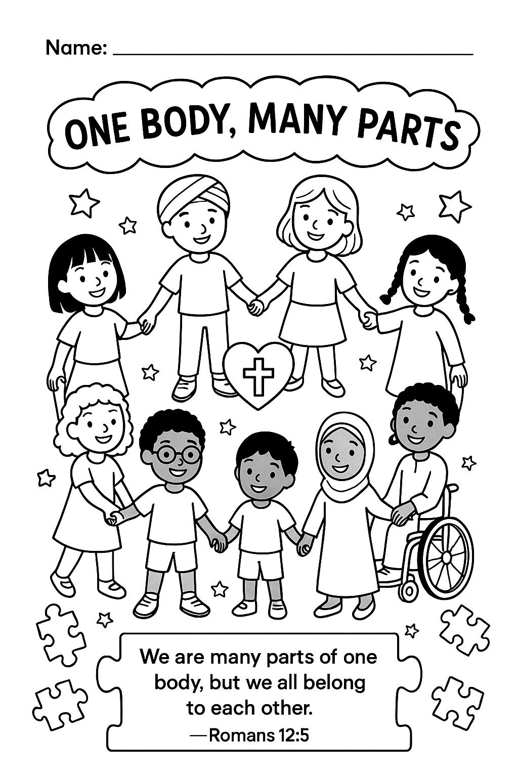 One Body Many Parts Devotional and Coloring Page | Romans 12:5 Kids ...