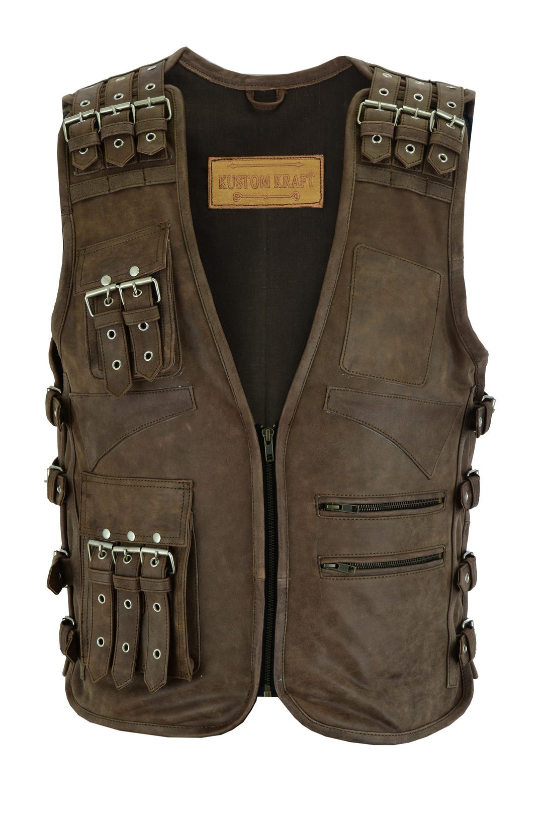 Rustic Brown Leather Utility Vest – Adjustable Buckle Sides & Pouch ...