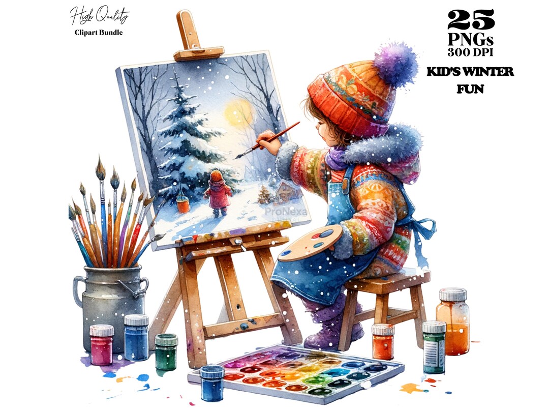 Kids Winter Fun Clipart Bundle - 25 Watercolor PNG Snow Day Children ...