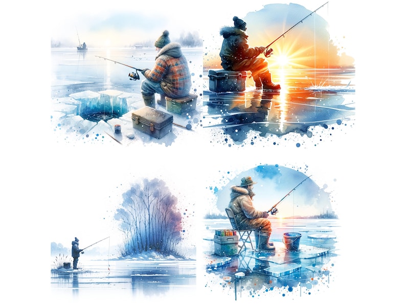 Ice Fishing Clipart Bundle, Watercolor Fisherman Graphics, Winter ...