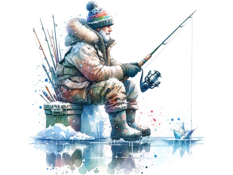 Ice Fishing Clipart Bundle, Watercolor Fisherman Graphics, Winter ...