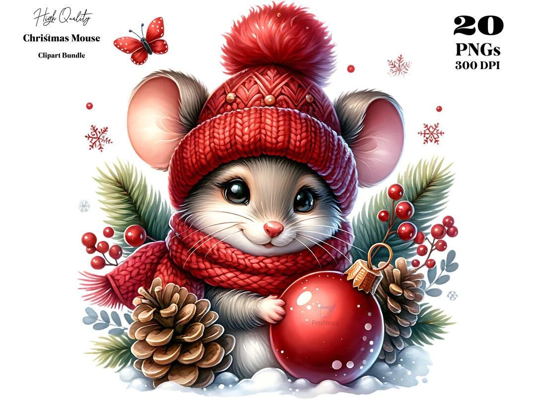 Christmas Mouse Clipart, 20 Watercolor PNG Bundle, Holiday Mice Art ...