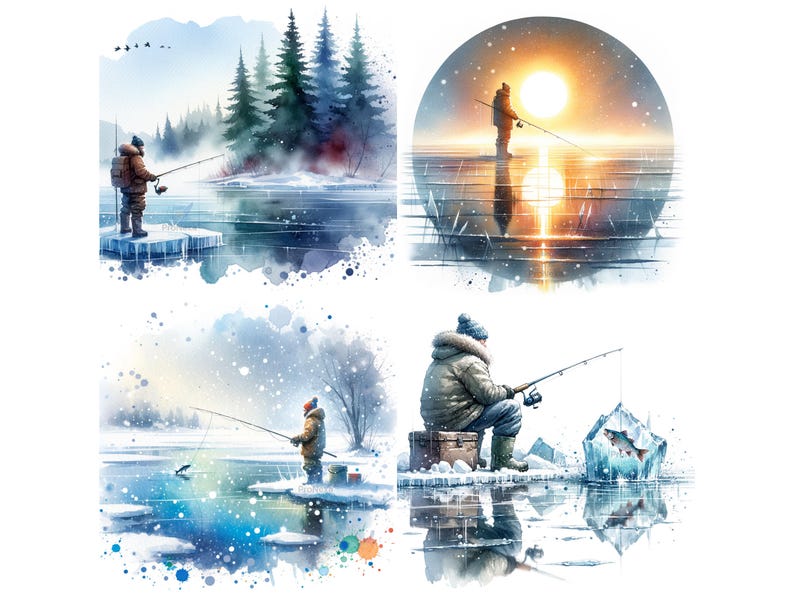 Ice Fishing Clipart Bundle, Watercolor Fisherman Graphics, Winter ...