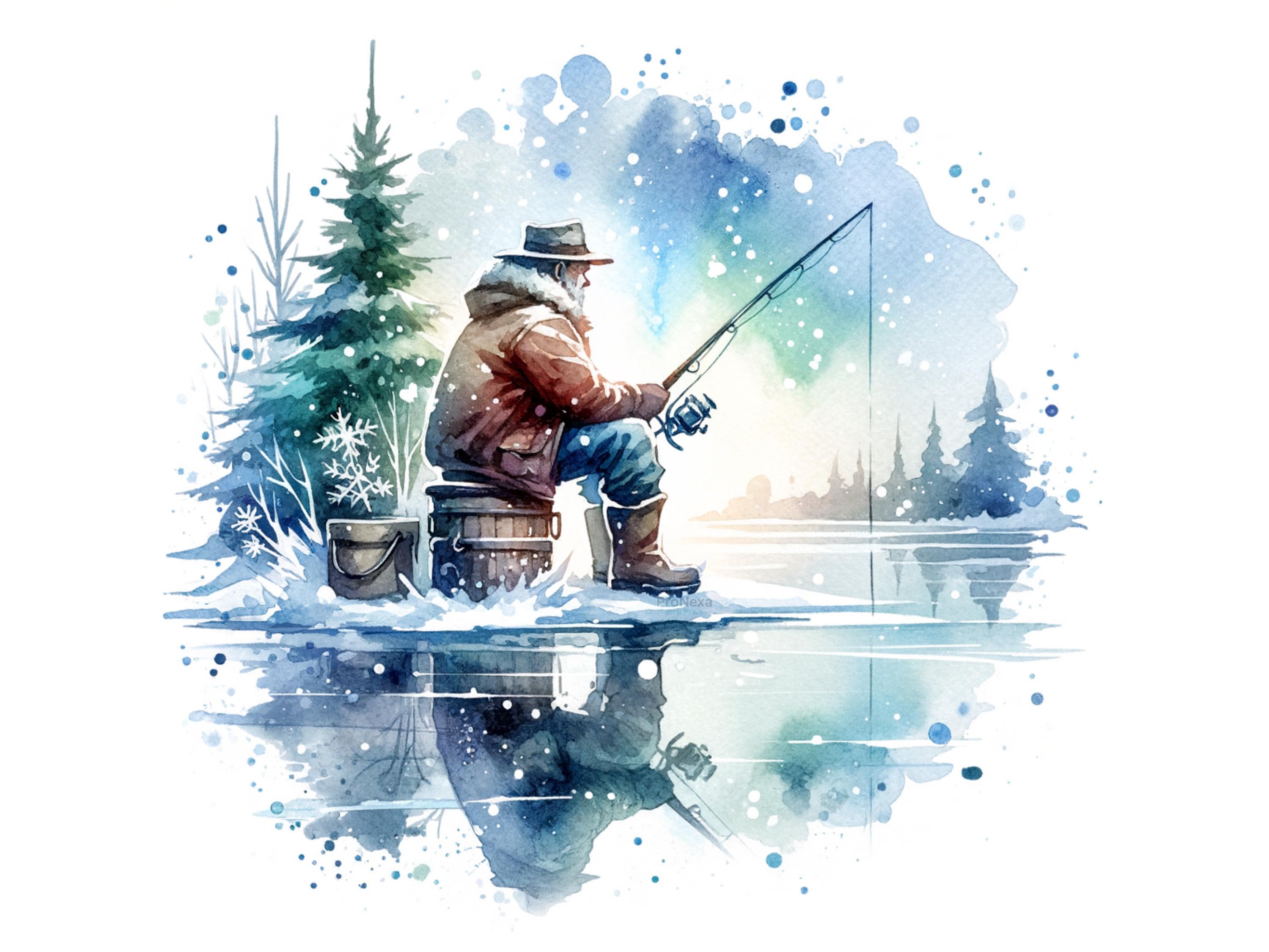 Ice Fishing Clipart Bundle, Watercolor Fisherman Graphics, Winter ...