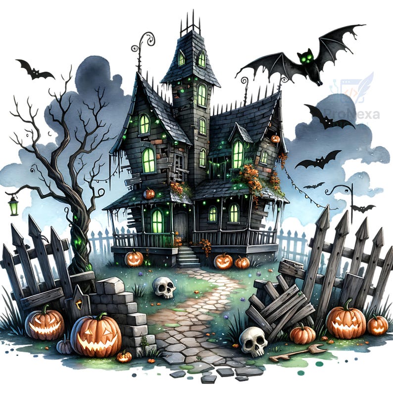Watercolor Haunted House Clipart Bundle: Spooky Halloween PNG (digital ...