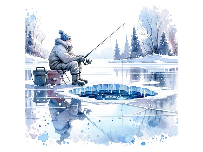 Ice Fishing Clipart Bundle, Watercolor Fisherman Graphics, Winter ...