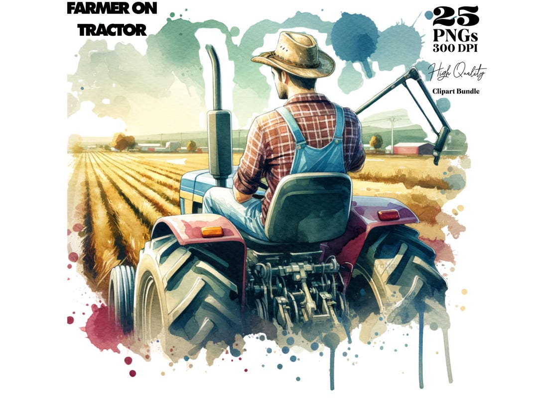 Farmer on Tractor Clipart Bundle, Watercolor Farm Graphics, Tractor PNG ...