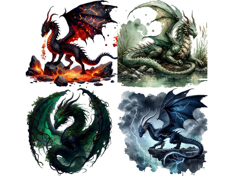 Dragon Clipart Bundle - 25 Fantasy Watercolor PNG Mythical Creatures ...