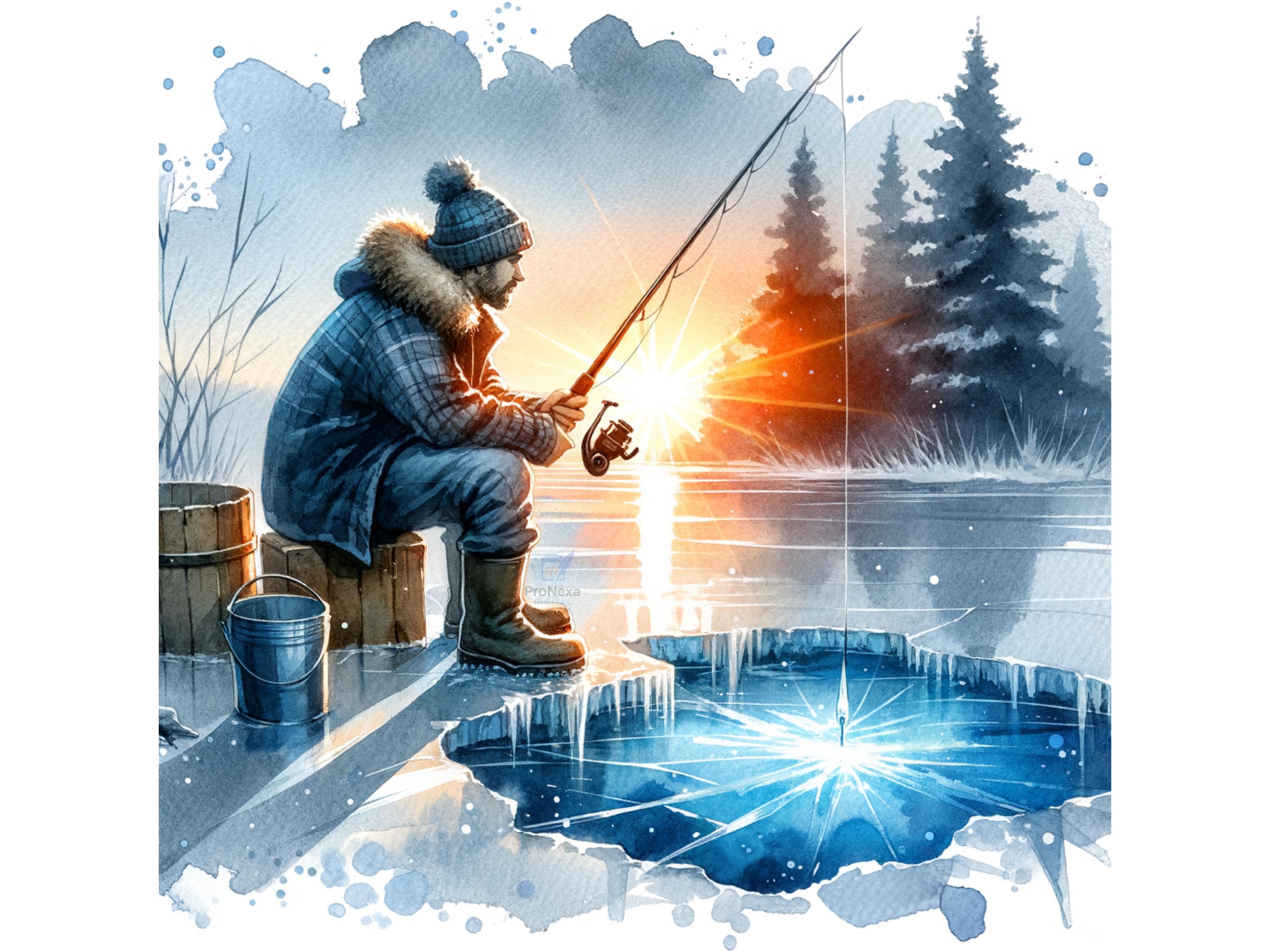 Ice Fishing Clipart Bundle, Watercolor Fisherman Graphics, Winter ...