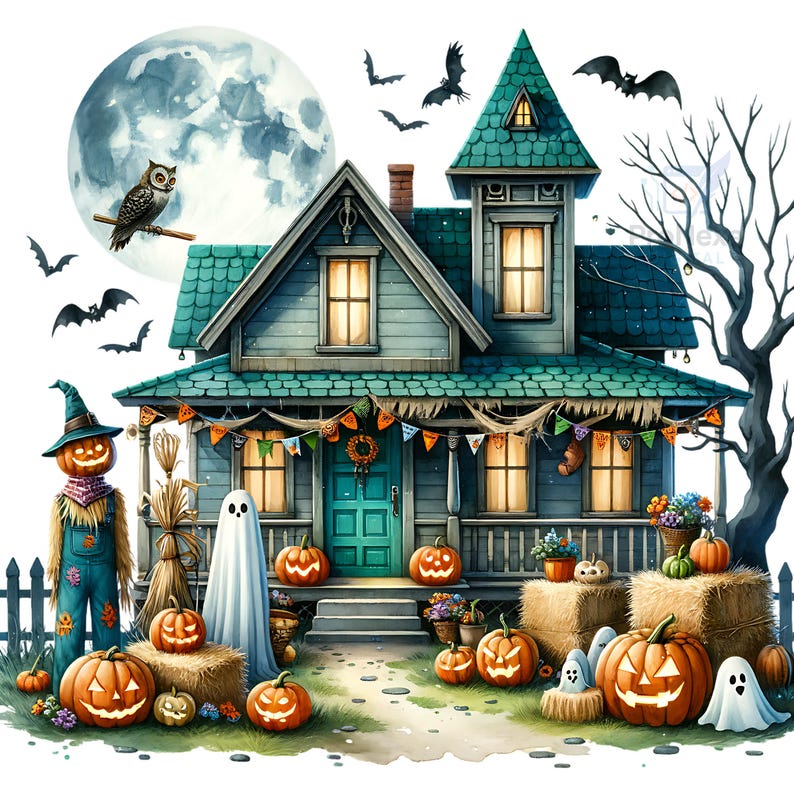 Watercolor Haunted House Clipart Bundle: Spooky Halloween PNG (digital ...