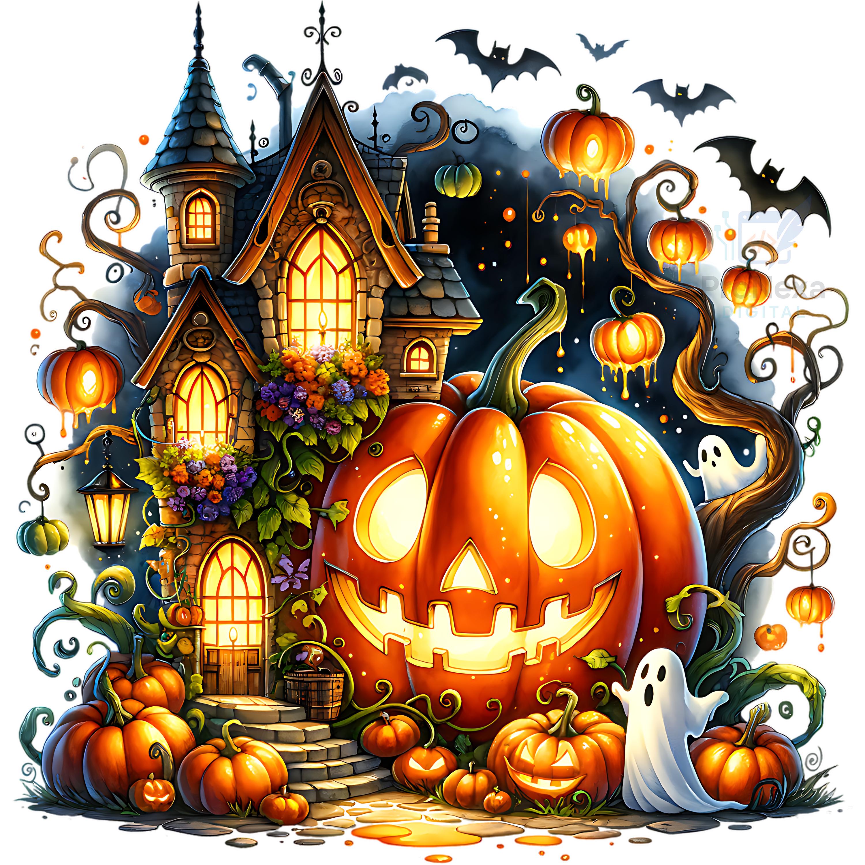 Watercolor Haunted House Clipart Bundle: Spooky Halloween PNG (digital ...