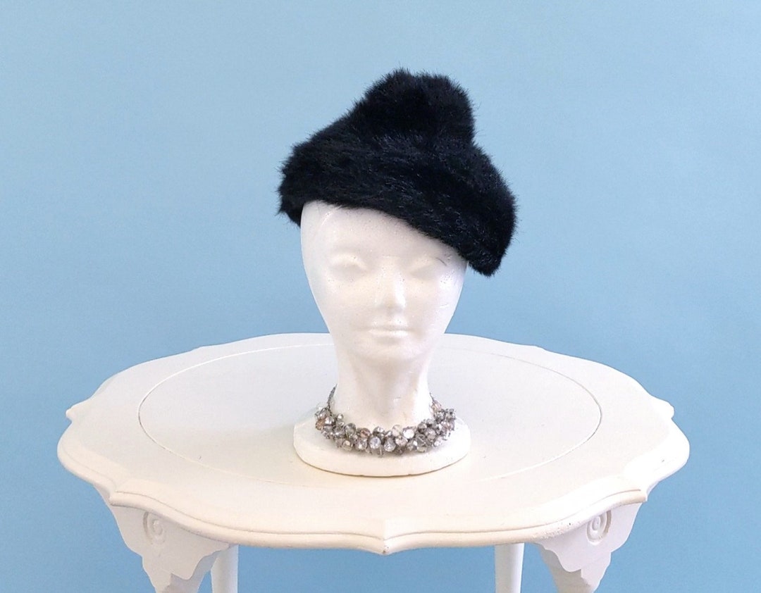 Vintage 1960s Black Fur Mod Hat, Vintage 60s Stylish Winter Pom Pom Hat ...