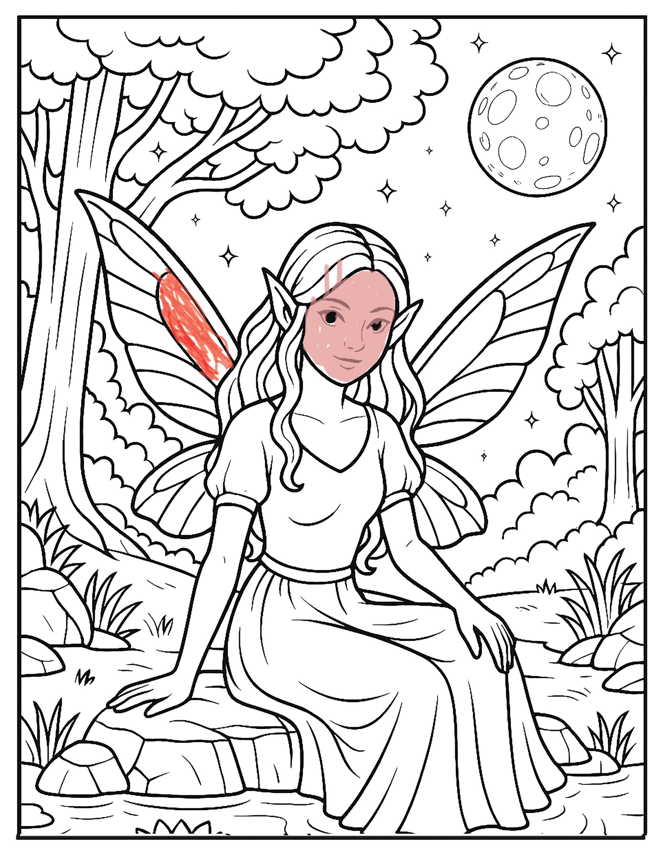 Whimsical Fairy Coloring Page for Kids & Adults – Printable Moonlit ...