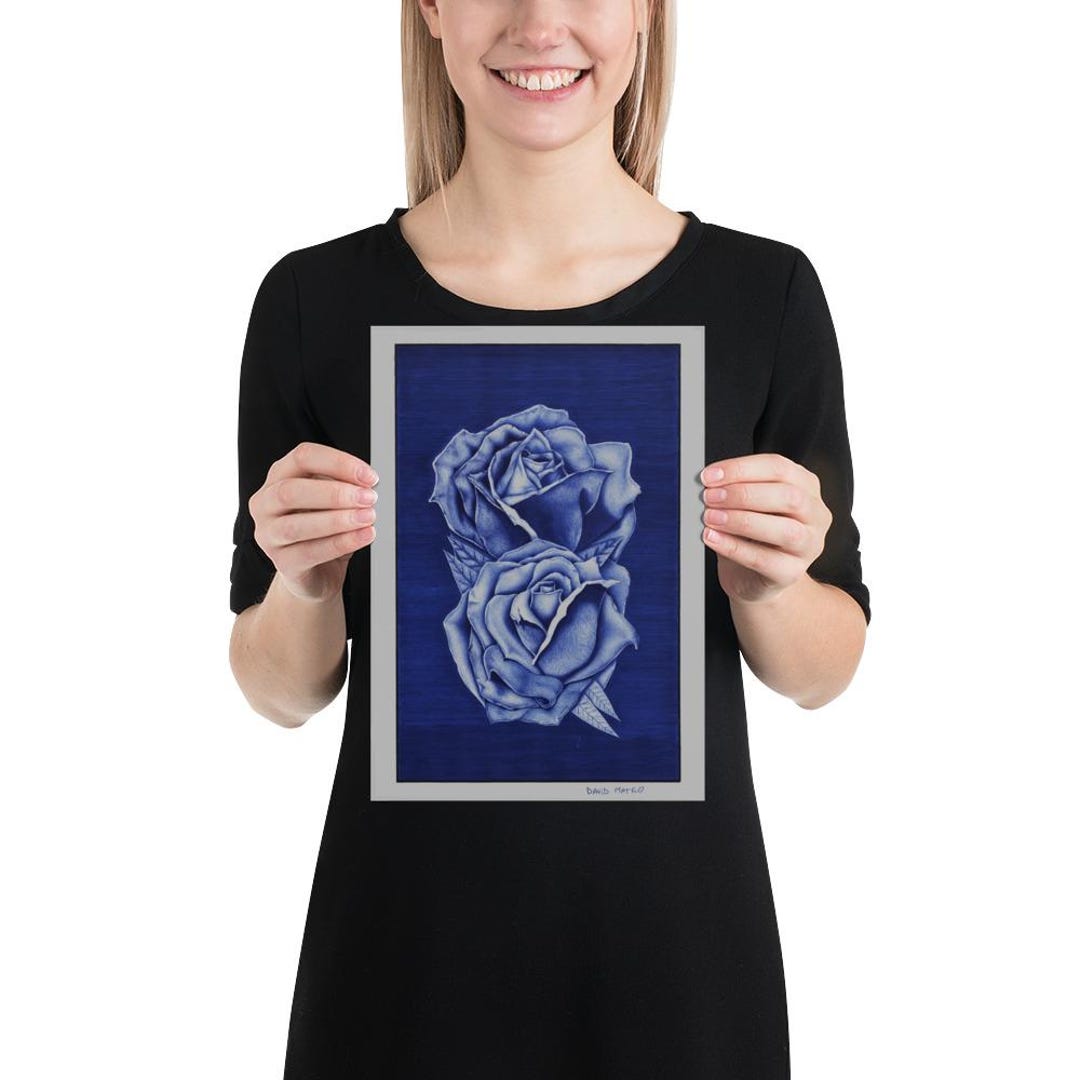 Realistic Blue Roses Ballpoint Pen Drawing, Art Print, Original Torn ...