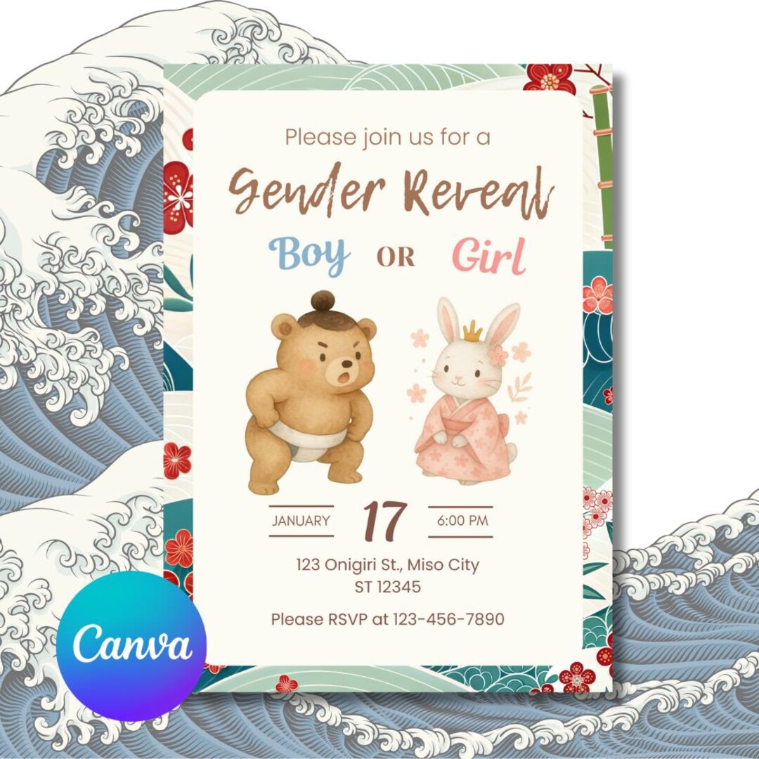 Japanese Gender Reveal Invitation. Sumo Bear & Princess Bunny. Kawaii ...