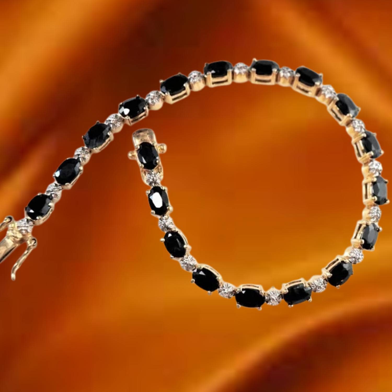 Oval Black Onyx Tennis Bracelet, 14k Yellow Gold Diamond With GB Lock ...