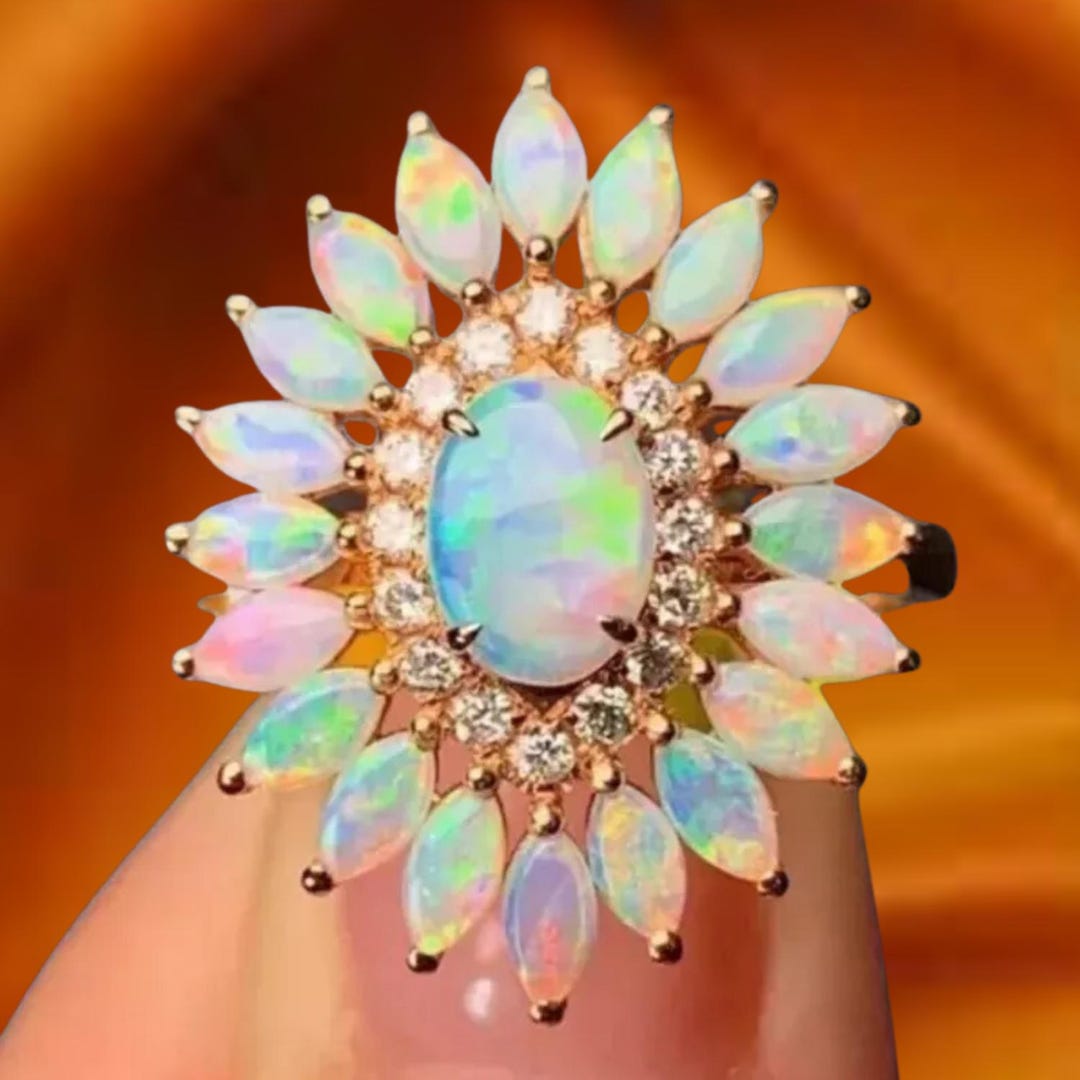 Opal Sunflower Ring | Unique Opal Floral Statement Ring for Her | 14K ...
