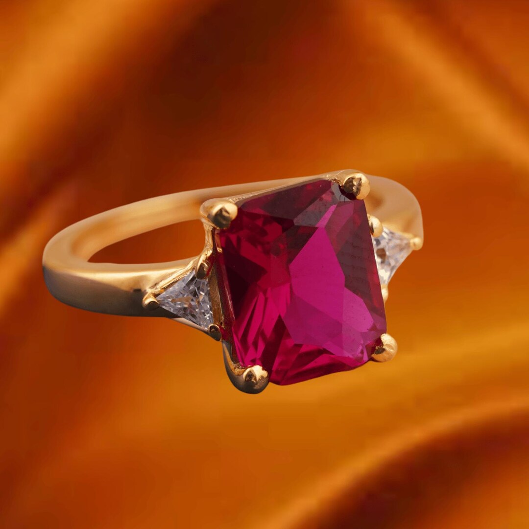 14K Rose Gold Plated, Pink Ruby Women's Wedding Ring, Three Stone ...