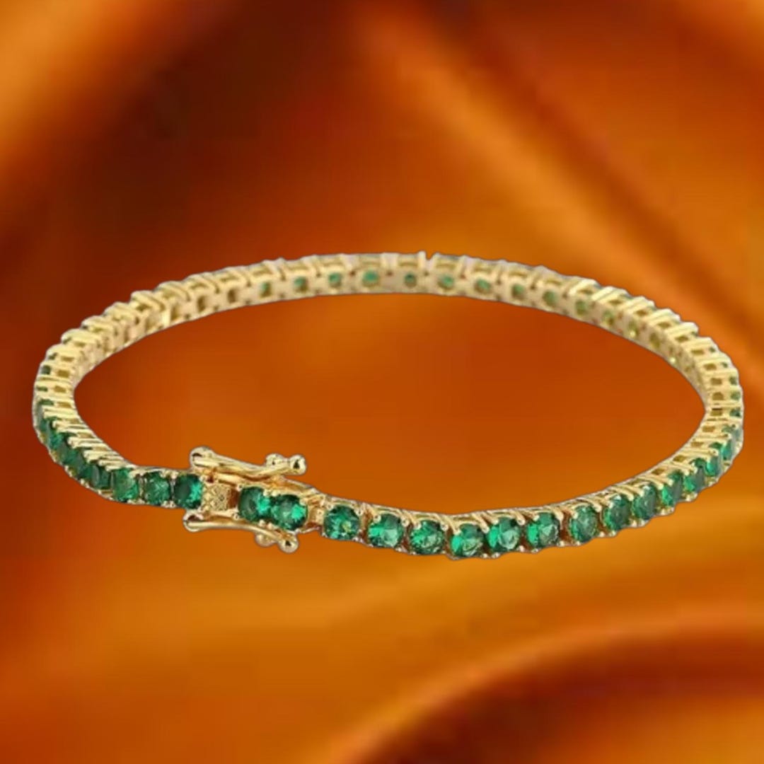 Green Emerald Women's Tennis Bracelet, 14k Yellow Gold Plated, Wedding ...