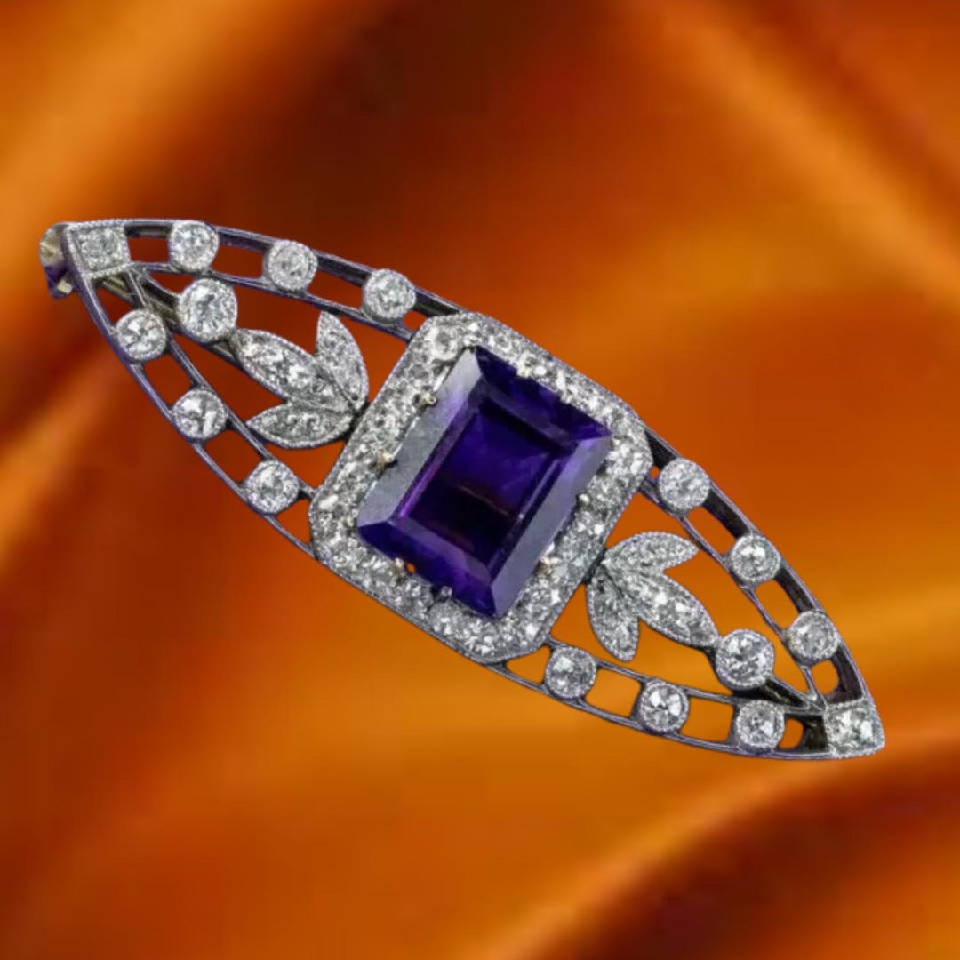 Women's Brooch Pin, 14K Gold Brooch Pin, Purple Amethyst & Diamond ...
