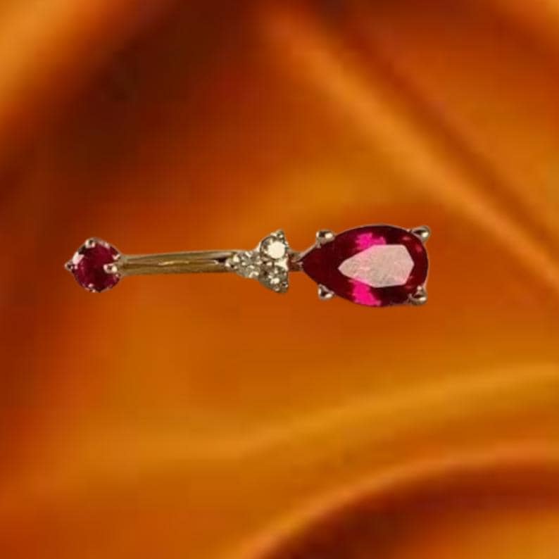 Pear Cut Pink Ruby Piercing Belly Button, 14K White Gold Diamond Belly ...